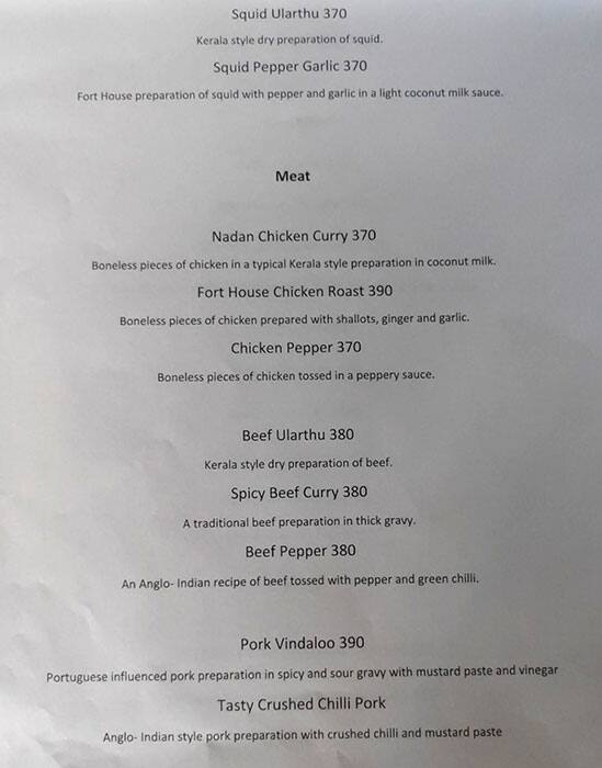 Menu at Fort House Hotel, Kochi