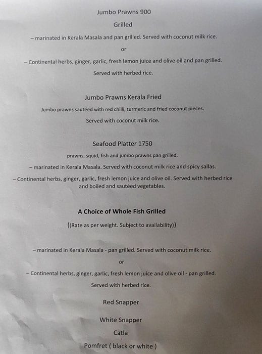 Menu at Fort House Hotel, Kochi