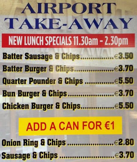 Menu at Airport Takeaway fast food, Dublin