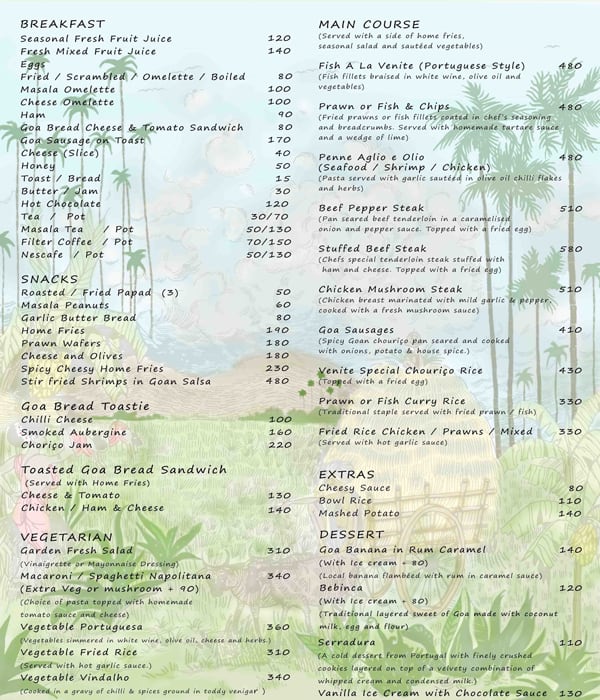 Menu of Hospedaria Venite, Panaji, Goa