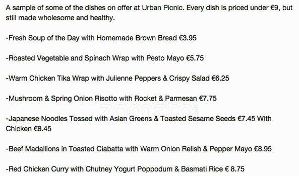 Menu at Urban Picnic Cafe, Dublin, S Great George's St