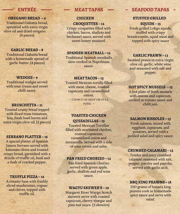 Menu at El Toro Tapas & Pizza Bar, Maroubra