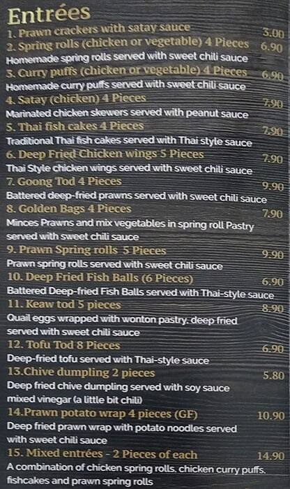Menu at Feeling Thai Cuisine restaurant, Williamstown
