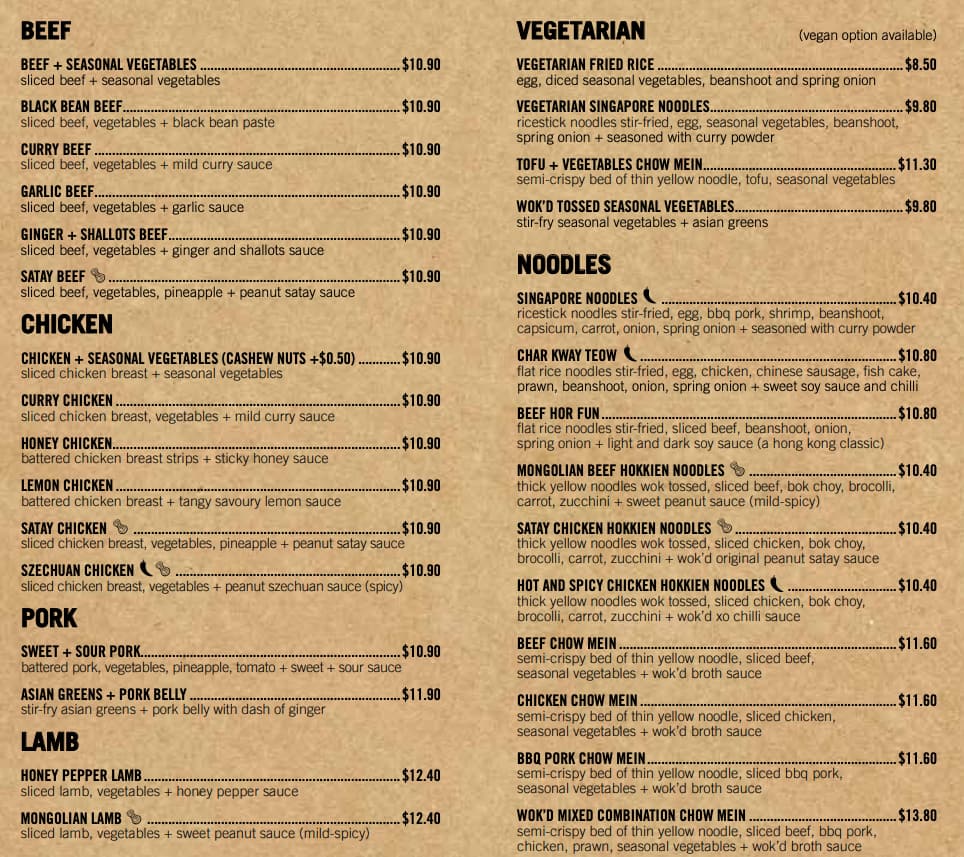 Menu at Wok'd restaurant, Carrum Downs
