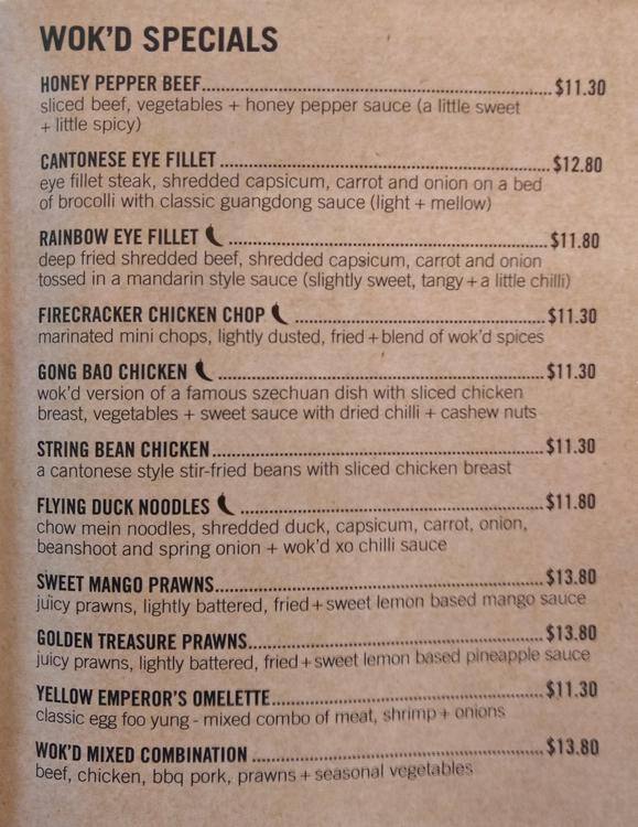 Menu at wok'd restaurant, Carrum Downs
