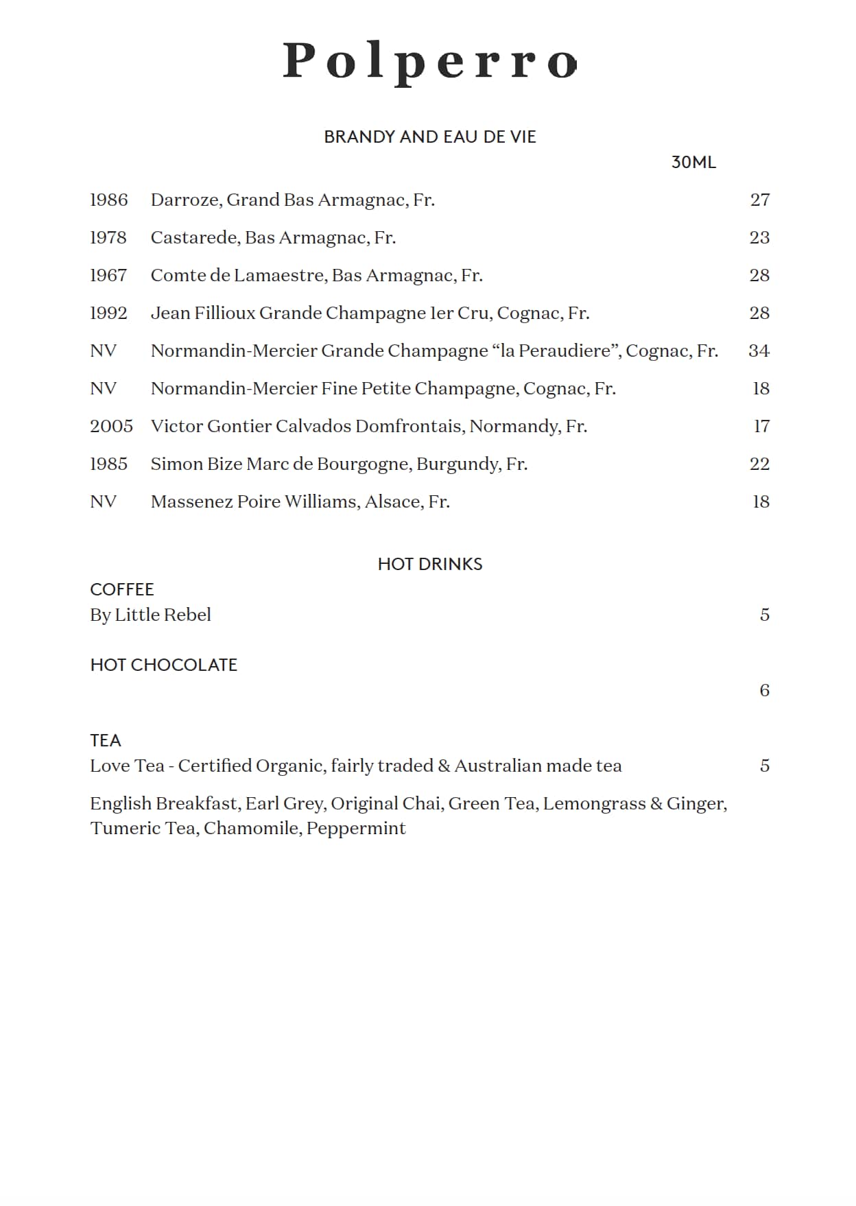 Menu at Polperro Restaurant, Red Hill