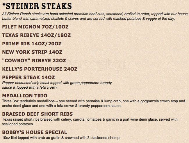 Menu at Steiner Ranch Steakhouse, Austin, Steiner Ranch Blvd
