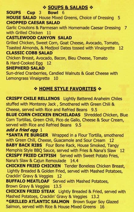 Menu at Castle Cafe, Castle Rock