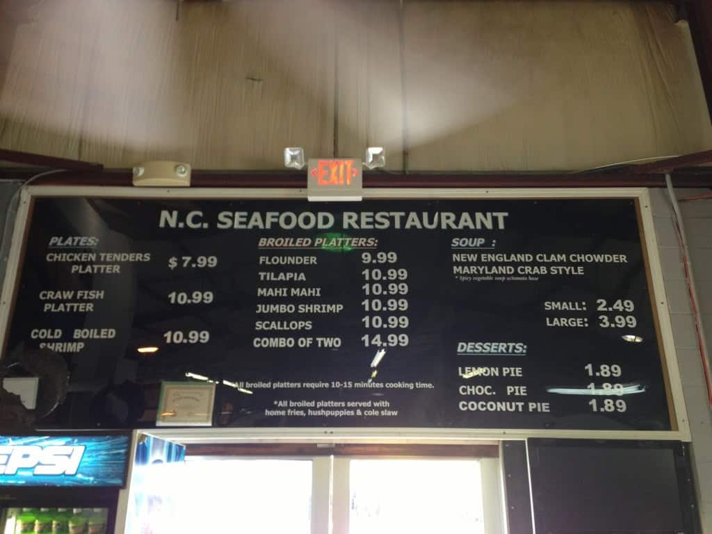 Menu at N.C. Seafood Restaurant at the Farmers Market, Raleigh ...