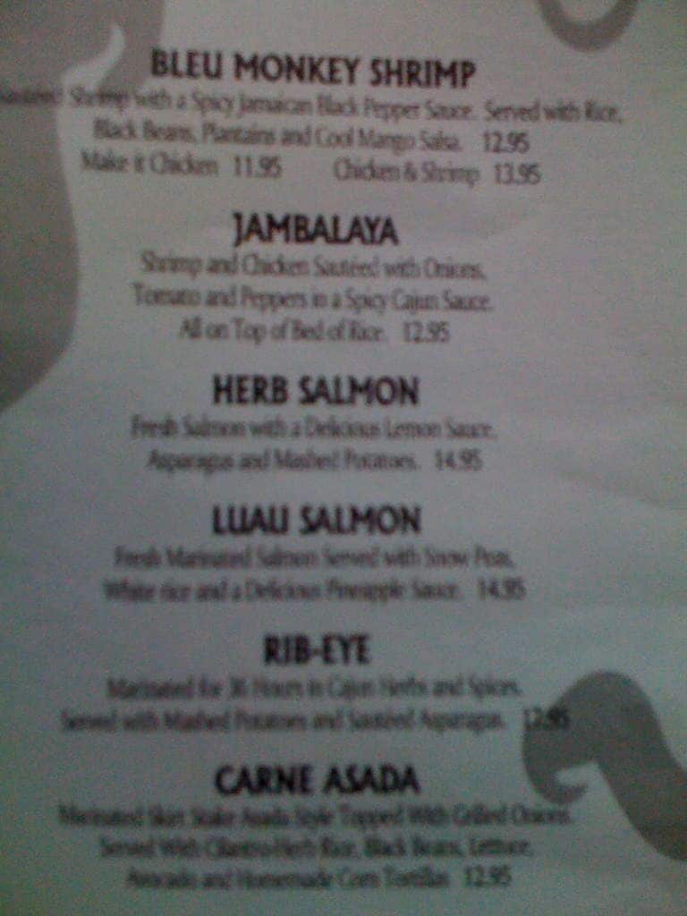 Menu at Bleu Monkey Grill pub & bar, Hot Springs