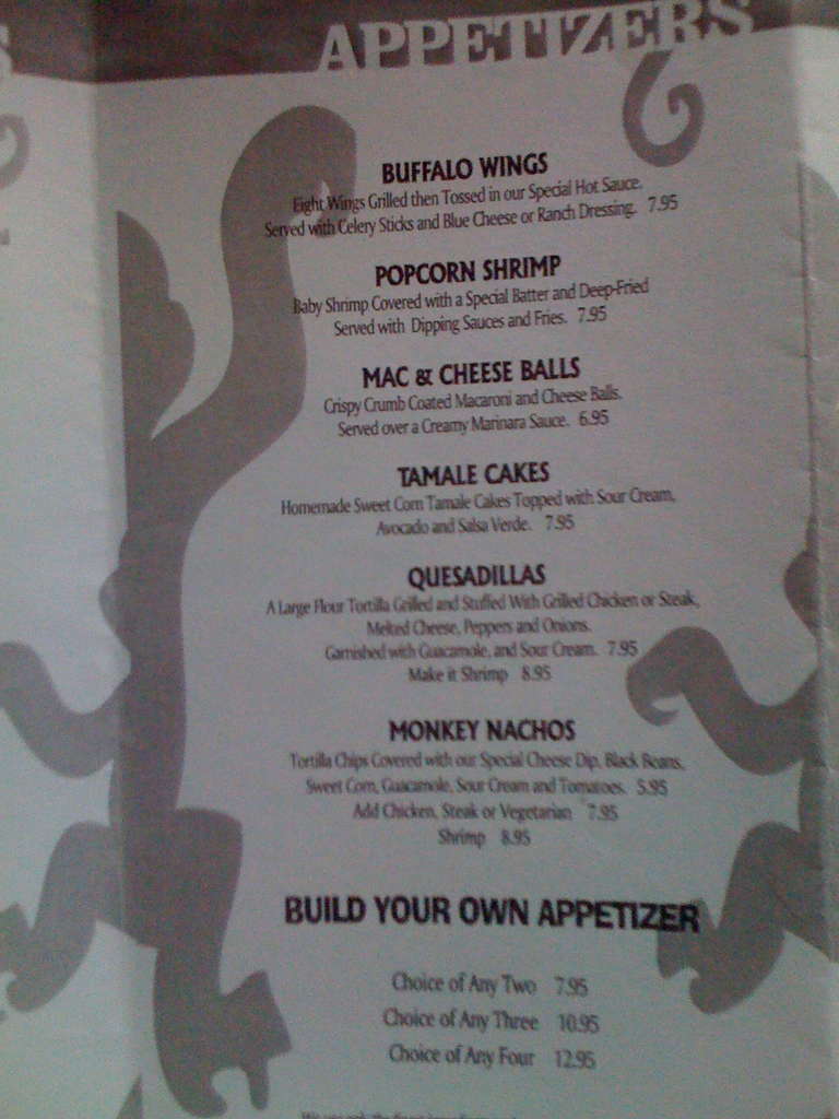 Menu at Bleu Monkey Grill pub & bar, Hot Springs