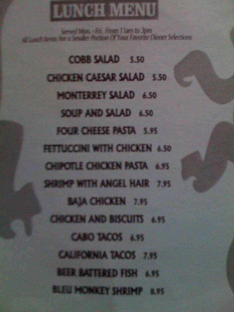 Menu at Bleu Monkey Grill pub & bar, Hot Springs