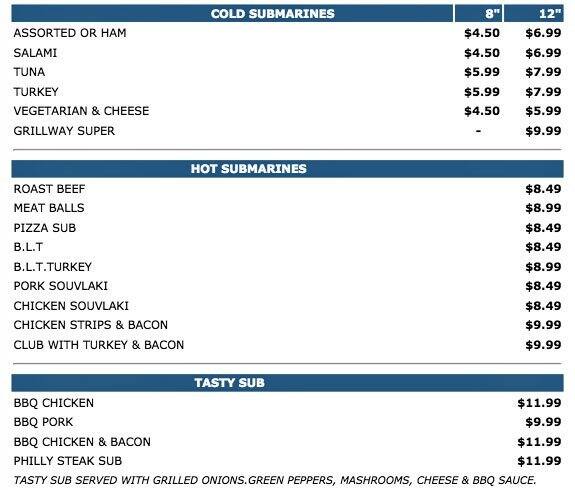 Menu at Grillway Souvlaki House restaurant, Toronto