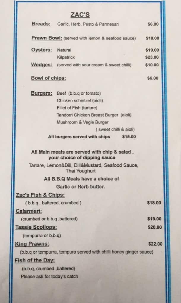 Menu at Zac's Place restaurant, Currarong