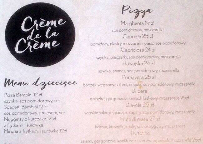 Menu at Creme De La Creme pizzeria, Warsaw, św. Wincentego 97
