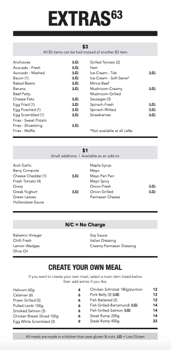 Menu at Cafe 63, Toowoomba City, Eastville 11 Herries St