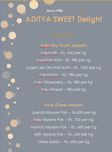 Menu at Aditya Sweet Delight, Bengaluru