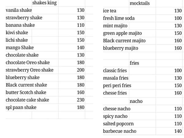 Menu of Shakes King, Civil Lines, Ludhiana