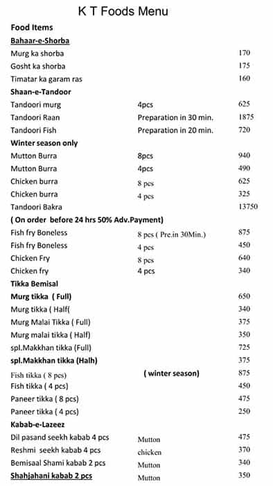 Menu of KT Foods, Sector 14, Gurgaon