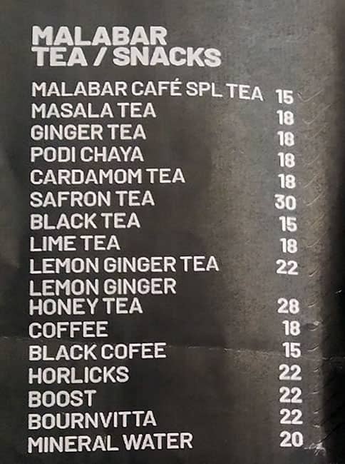 Menu of Malabar Cafe, Hosur Road, Bangalore