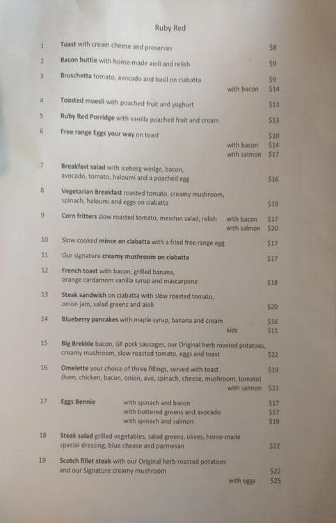 Menu at Ruby Red cafe, Auckland