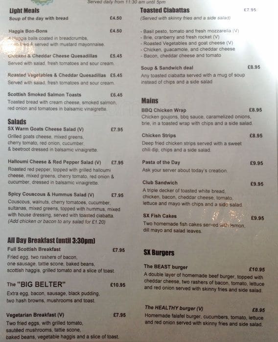 Menu at Southern Cross Cafe, Edinburgh