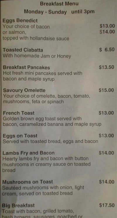 Menu at Yako's Cafe, Hamilton