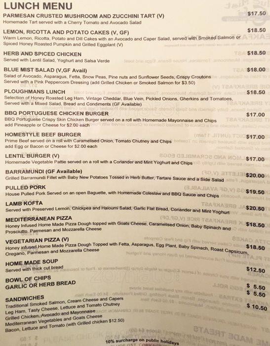 Menu at Blue Mist Cafe, Wentworth Falls