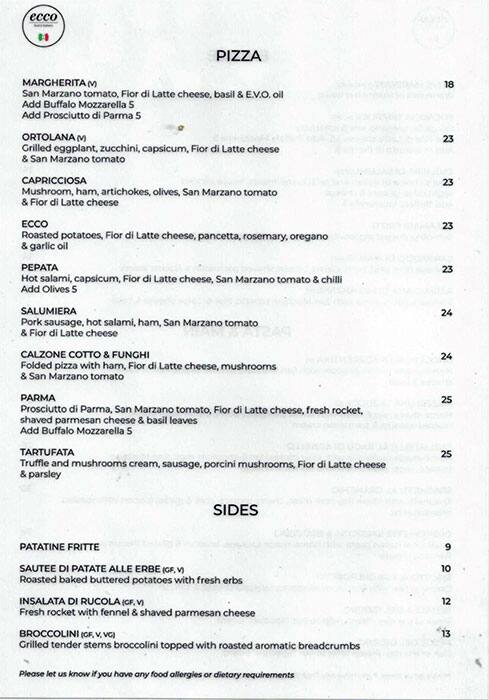Menu at Ecco Gusto by Primasera restaurant, South Yarra