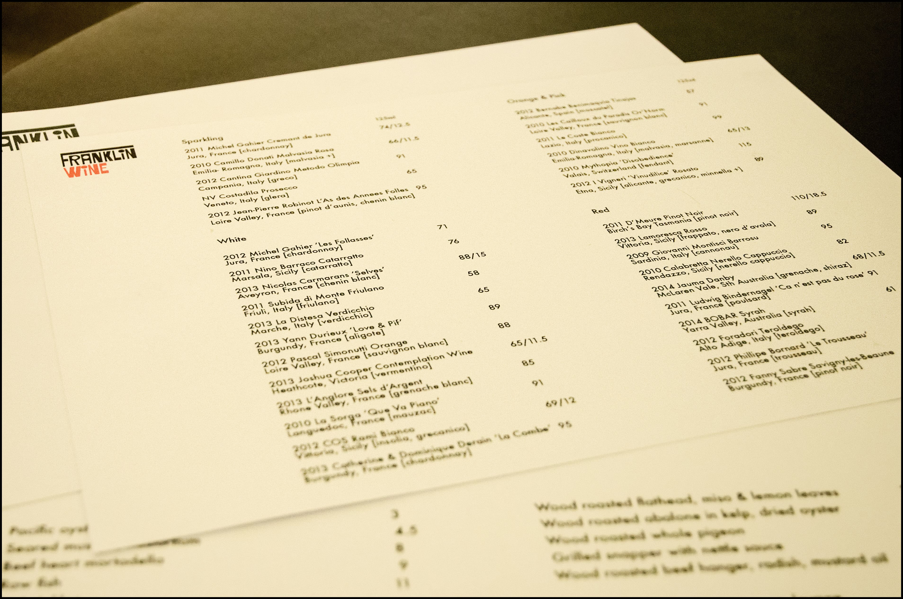 Menu at Franklin Bar & Restaurant, Hobart