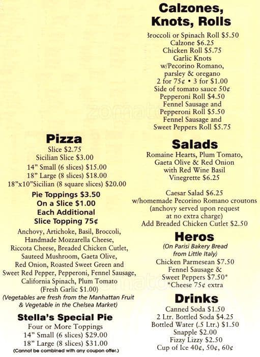 Menu at Stella's Pizza pizzeria, New York City, 110 9th Ave #1