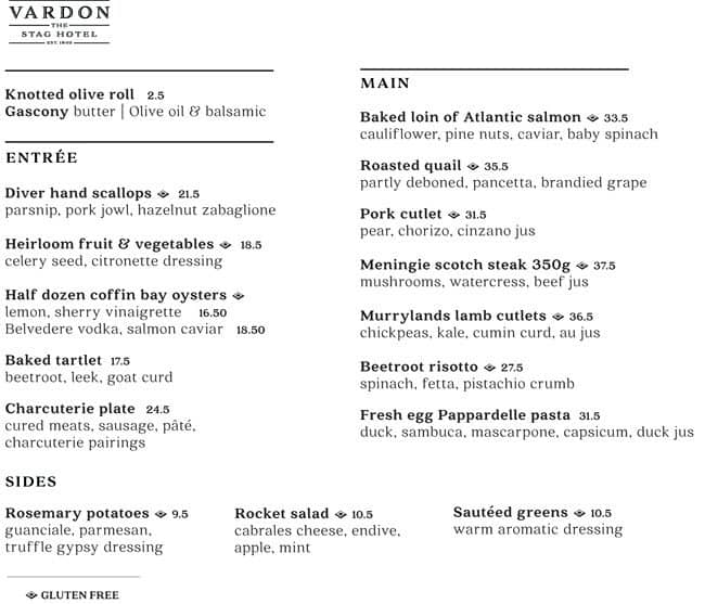 Carta del pub y bar Stag Hotel, Adelaida