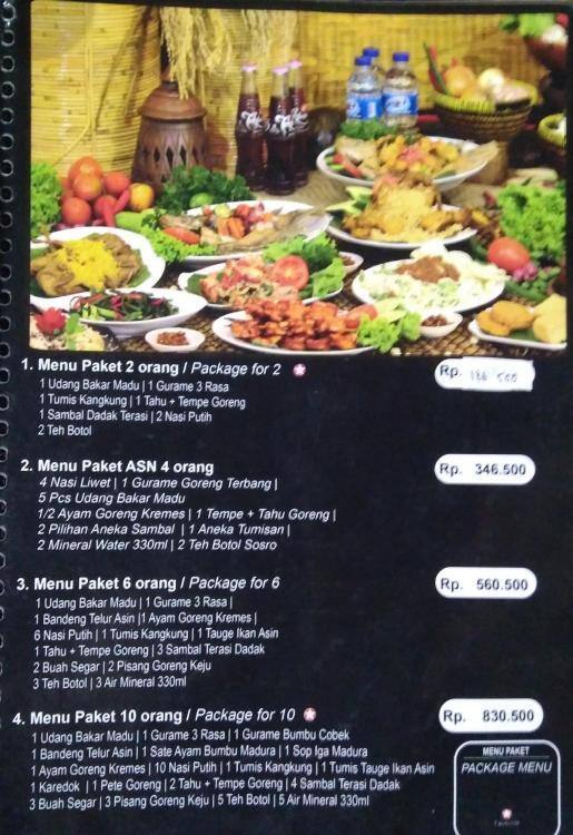 Menu at Aneka Selera Nusantara restaurant, Jakarta