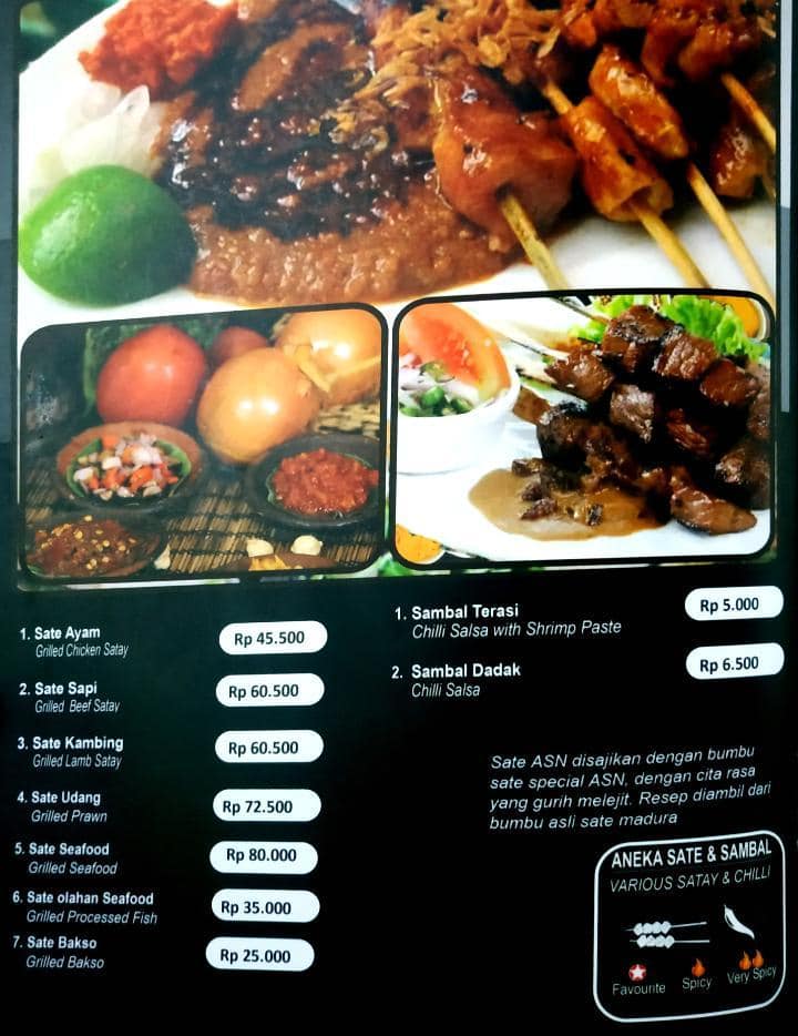Menu at Aneka Selera Nusantara restaurant, Jakarta