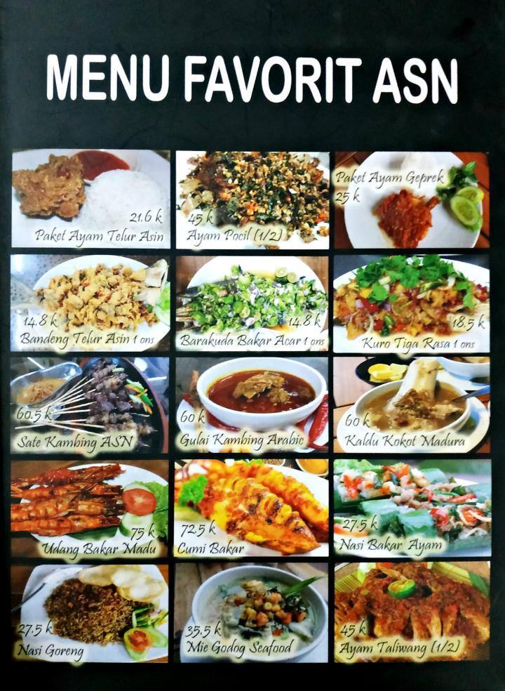 Menu at Aneka Selera Nusantara restaurant, Jakarta