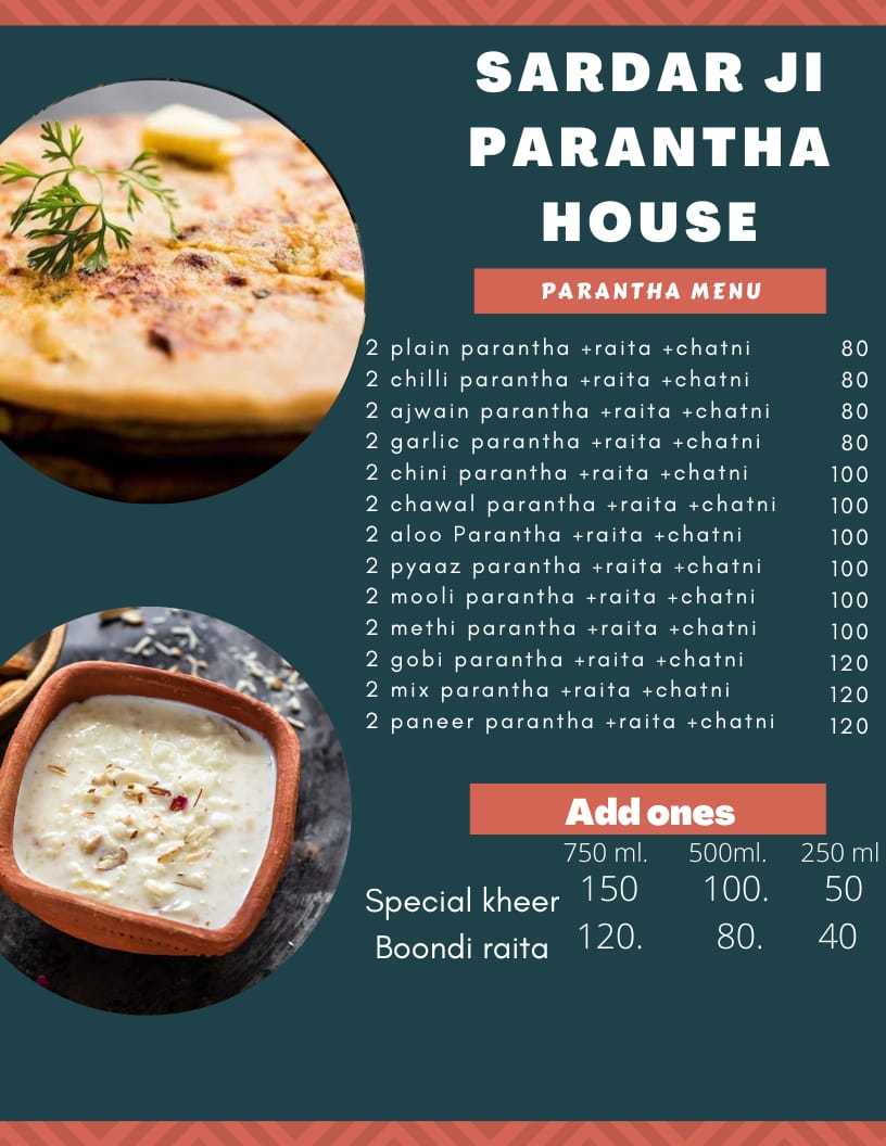 Menu of Sardar Ji Parantha House, Sector 33, Gurgaon