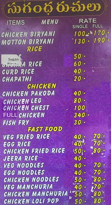 Menu of Sugandha Ruchulu, Boduppal, Hyderabad