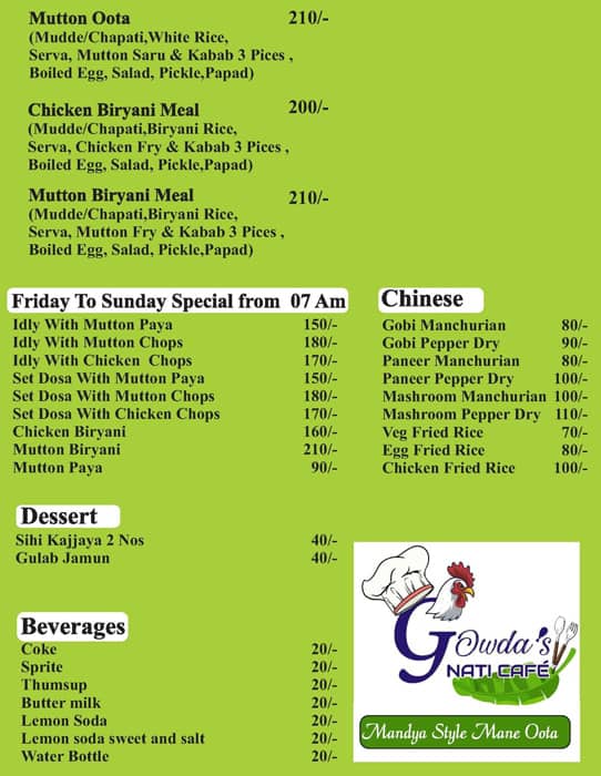 Menu at Gowda's Nati Cafe, Bengaluru