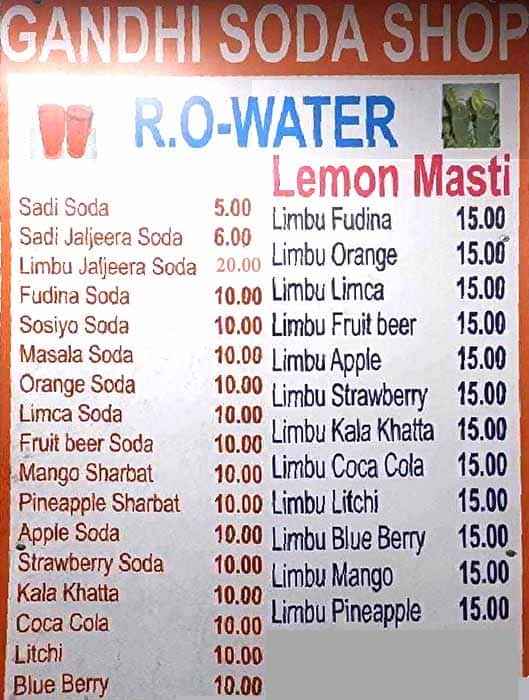 Menu of Ghandi Soda Shop, Memnagar, Ahmedabad