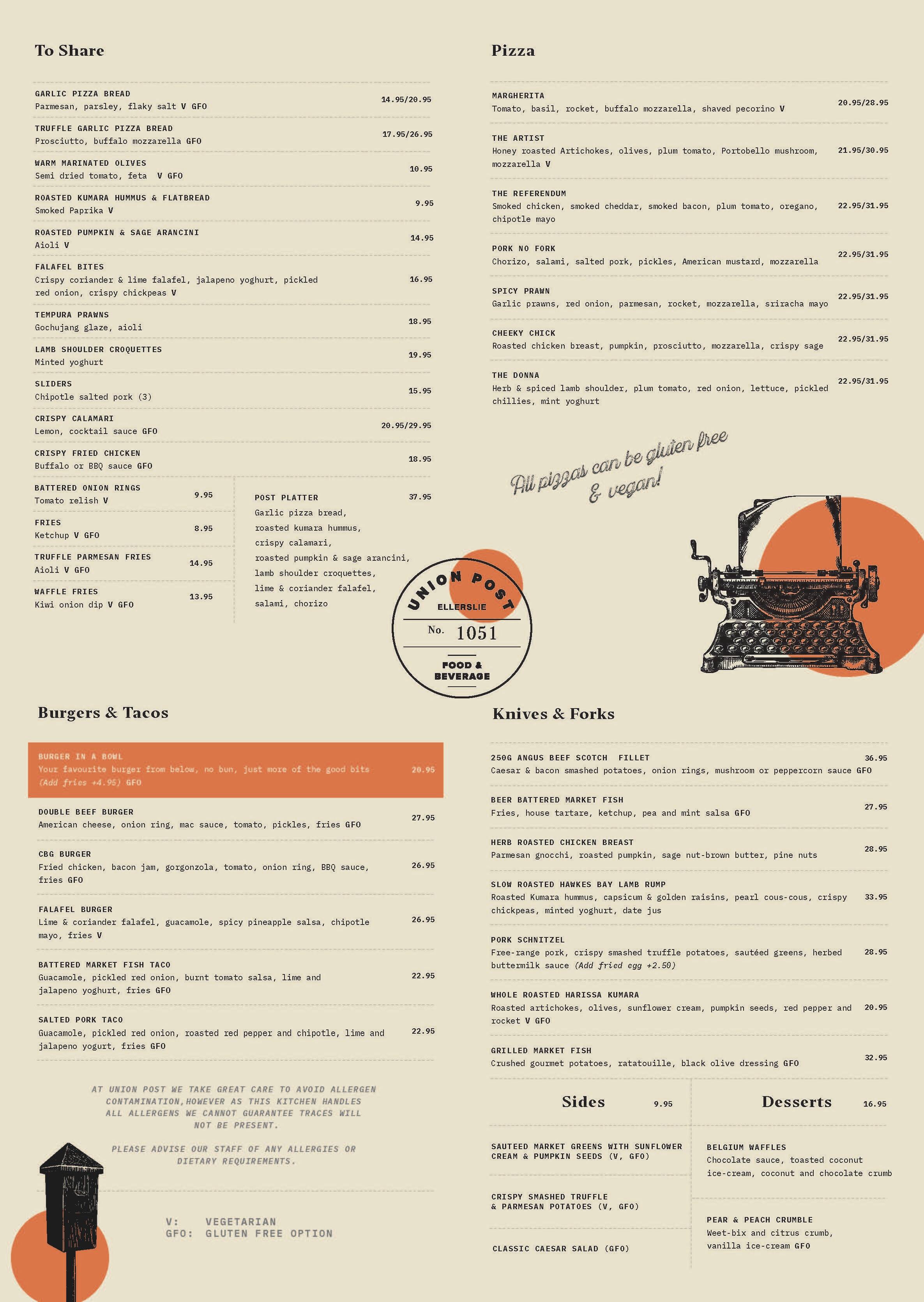 Menu at Union Post pub & bar, Auckland