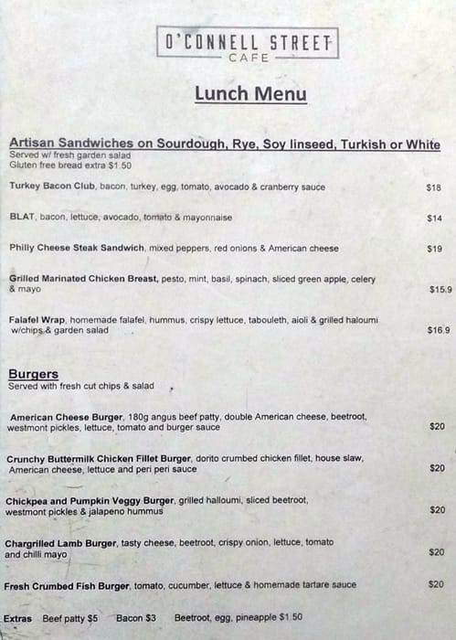 Menu at O'Connell Street Cafe, Sydney