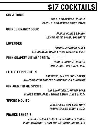 Menu at Franklin Hotel pub & bar, Adelaide