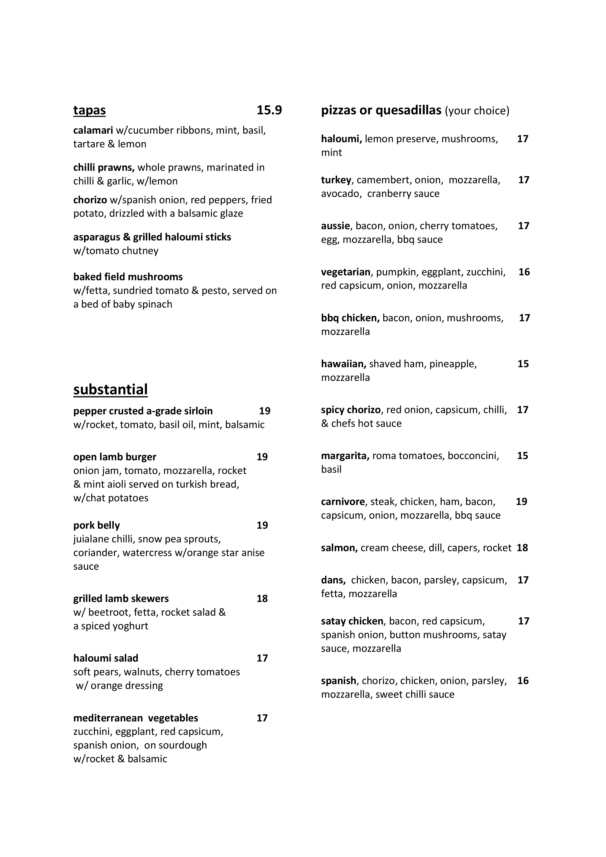 Menu at Shades Cafe & Wine Bar, Noosa Heads