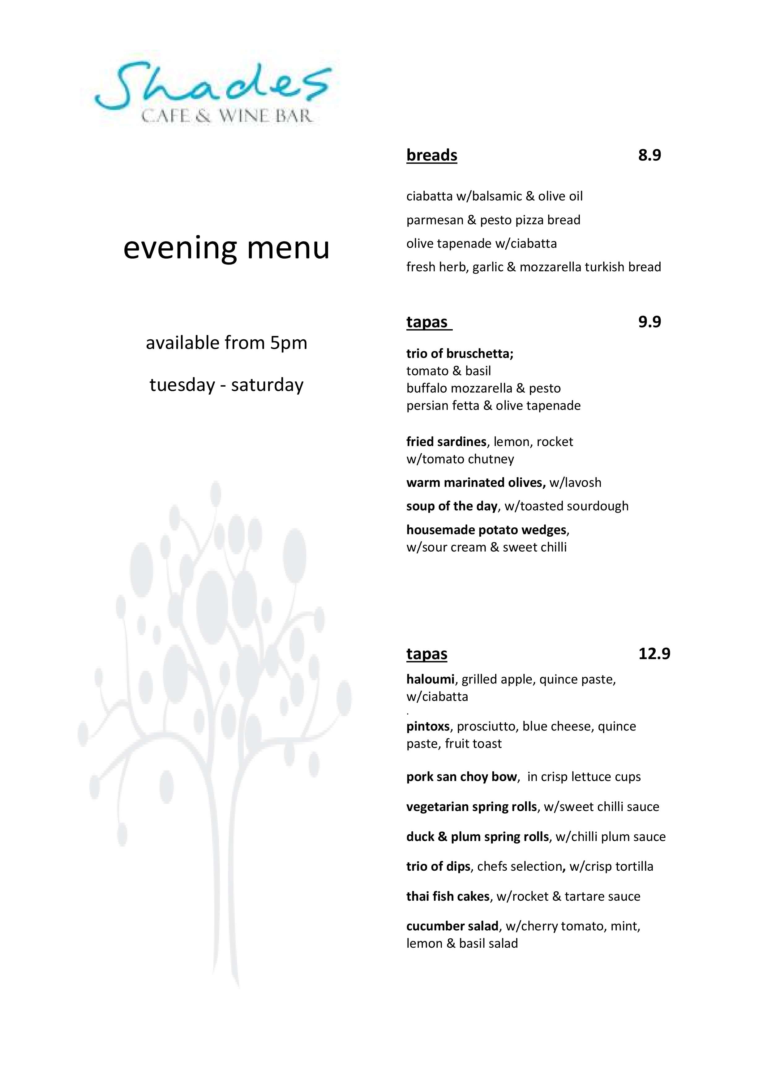 Menu at Shades Cafe & Wine Bar, Noosa Heads