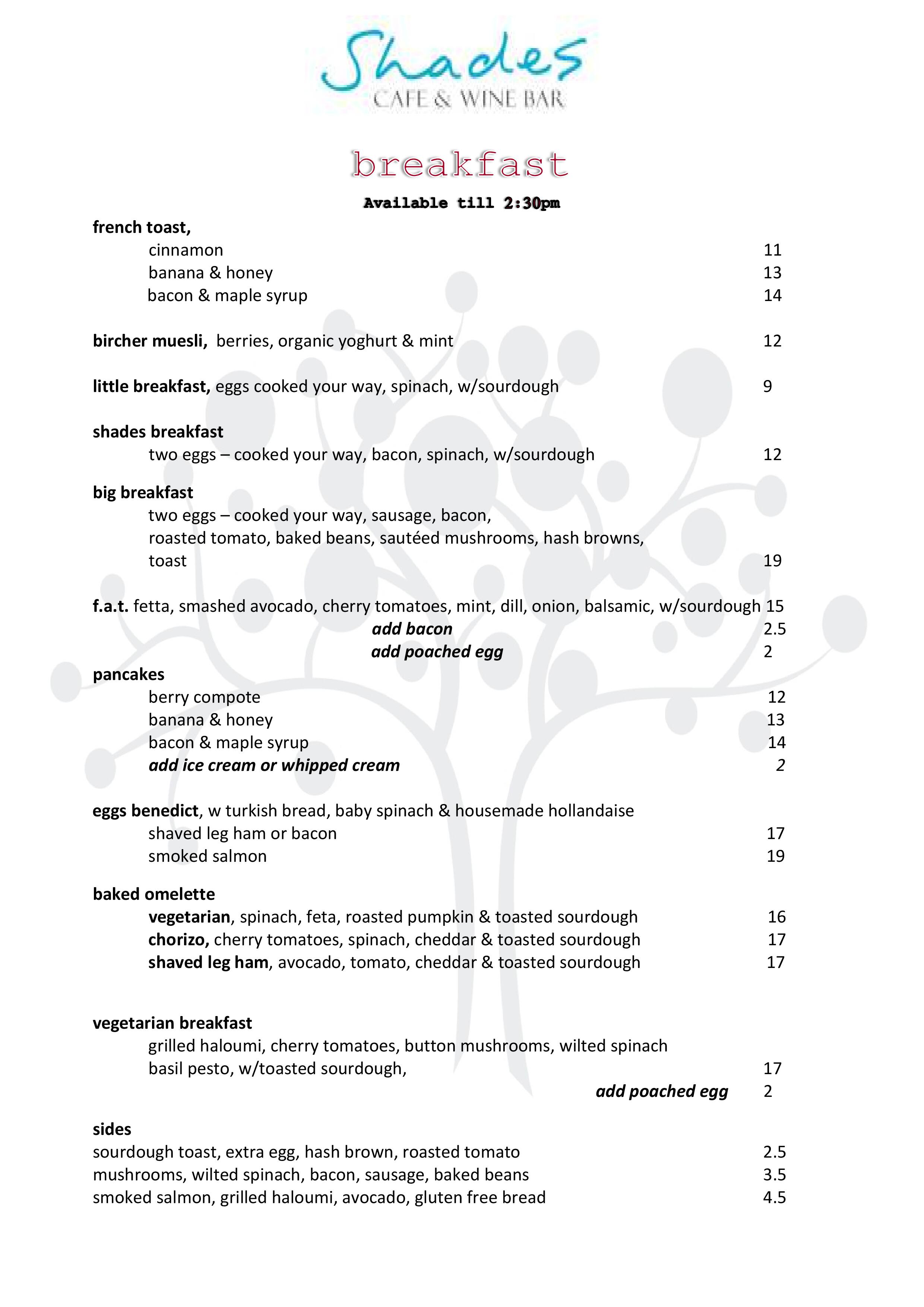 Menu at Shades Cafe & Wine Bar, Noosa Heads