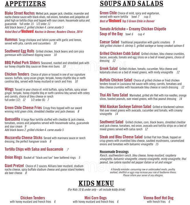 Menu at Blake Street Tavern pub & bar, Denver, Blake St