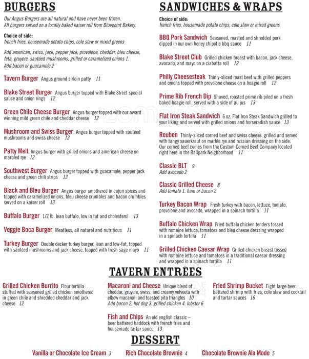 Menu at Blake Street Tavern pub & bar, Denver, Blake St