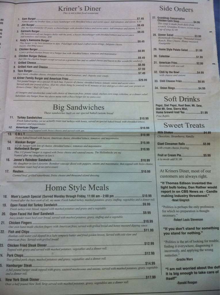 Menu at Kriner's Diner restaurant, Anchorage