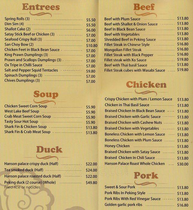 Menu at Hanson Palace restaurant, Athol Park