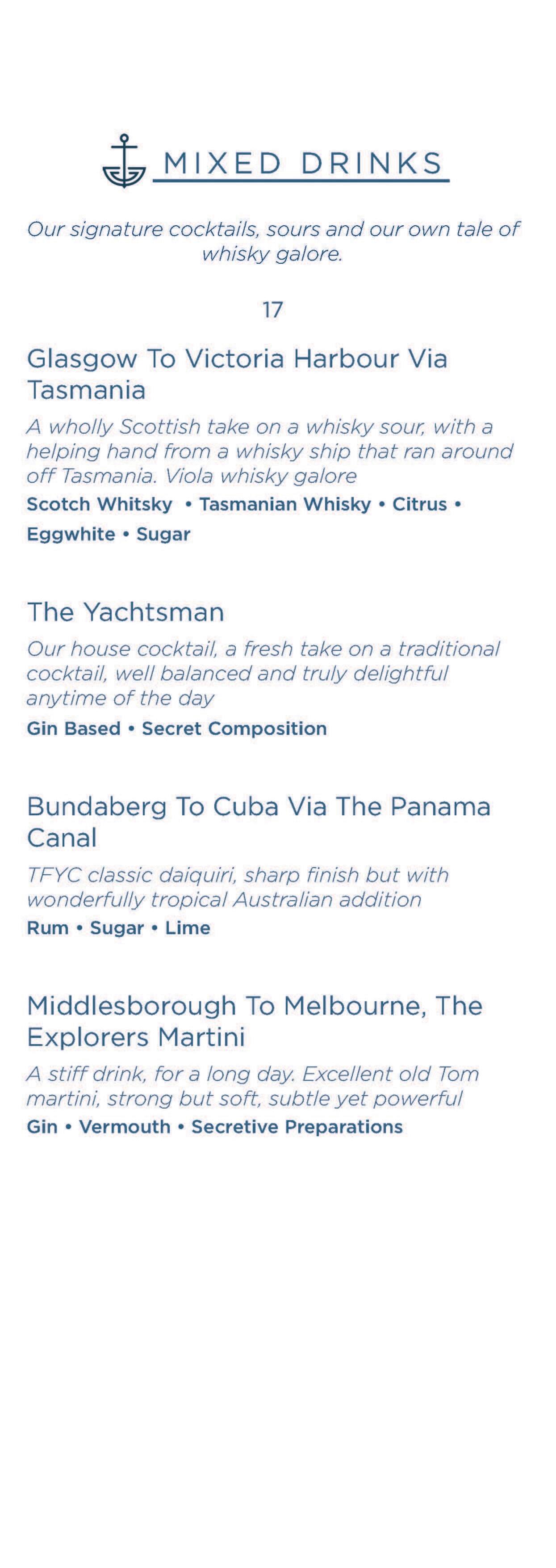 Menu at The Fitzroy Yacht Club, Fitzroy, 301 Brunswick St